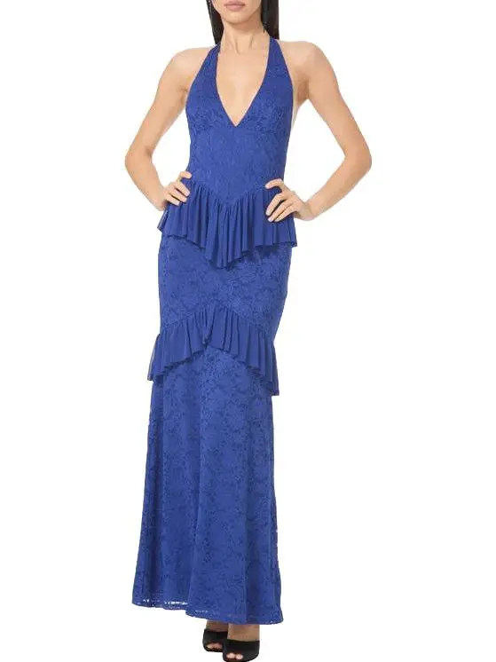 AFRM Athens Silken Lace Halter Maxi Dress - Lapis