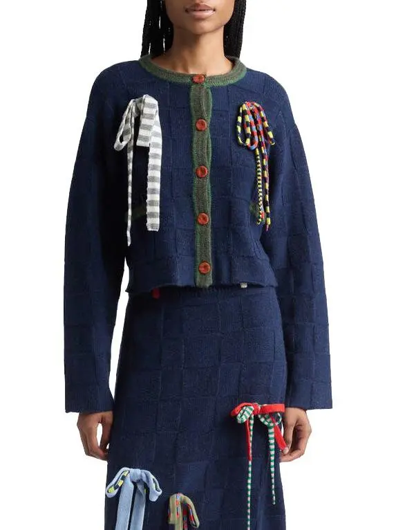 YANYAN Multicolored Bow Lambswool & Cotton Cardigan - Navy