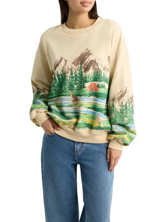 Daydreamer Campsite Scene Graphic Oversized Sweatshirt - Sand