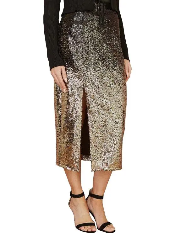 YUMI Sequin Split Fitted Midi Skirt - Black