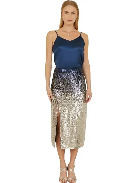 YUMI Sequin Split Fitted Midi Skirt - Navy