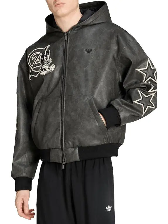 Adidas Disney Faux Leather Hooded Jacket - Black