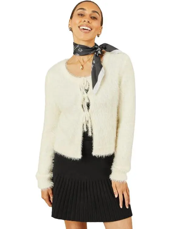 YUMI Eyelash Fluffy Tie Front Bolero - Ivory