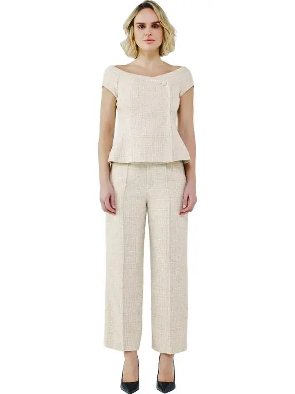 A.SHIMUS Tailored Fancy Tweed Bardot Top - Cream