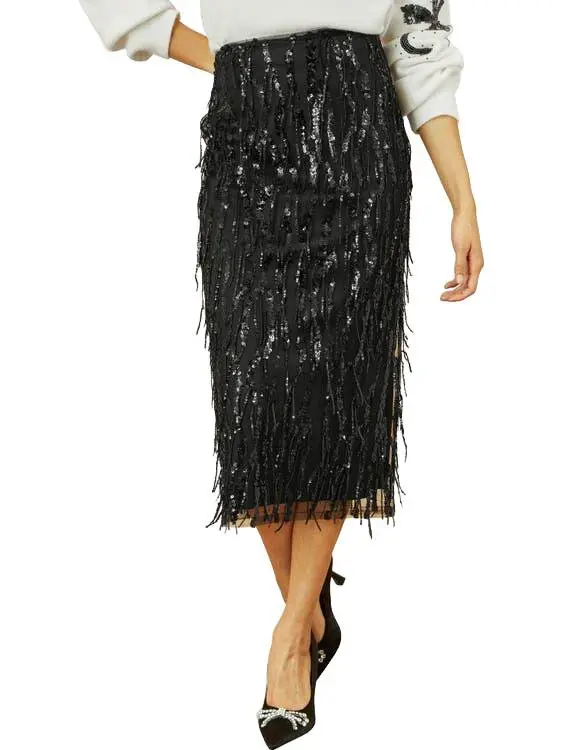 YUMI Hanging Sequin Fitted Midi Skirt - Black