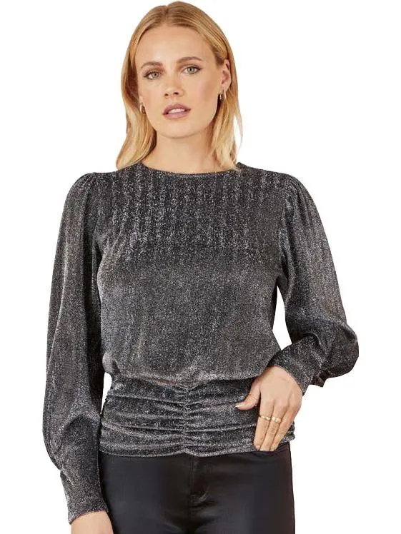 YUMI Metallic Stretch Ruched Hem Top - Black