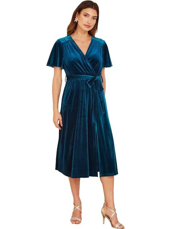 YUMI Velvet Split Hem Midi Dress - Teal