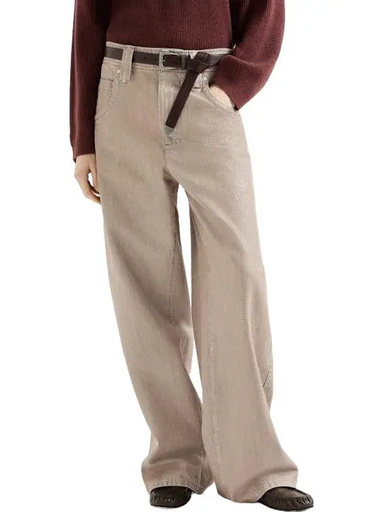 Brunello Cucinelli Beige Lamé Denim Baggy Trousers With Monili - Rope