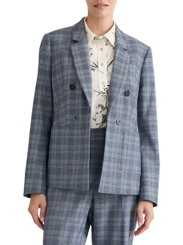 Jones New York Plaid Faux Double Breasted Blazer - Pacific Navy Multi