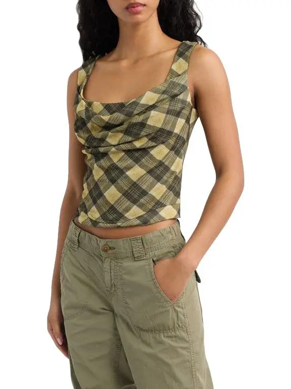 BDG URBAN OUTFITTERS Paisley Print Cowl Neck Corset Tank - Green Check