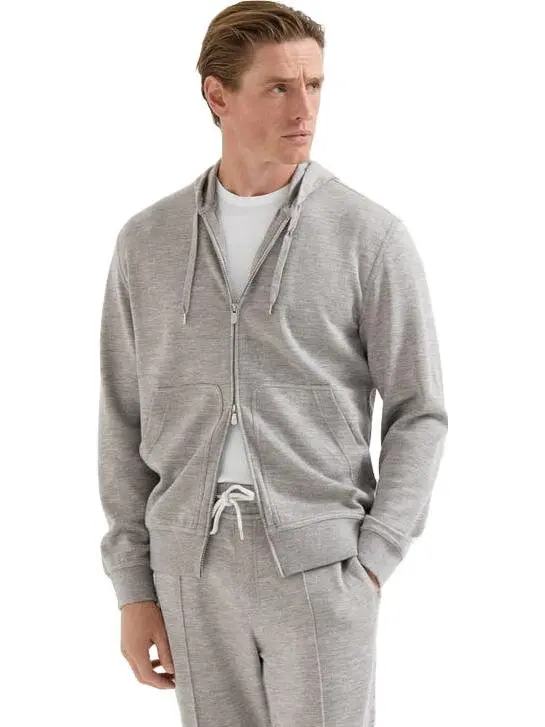 Brunello Cucinelli Cashmere And Silk French Terry Hooded Sweatshirt With Zipper - Grey