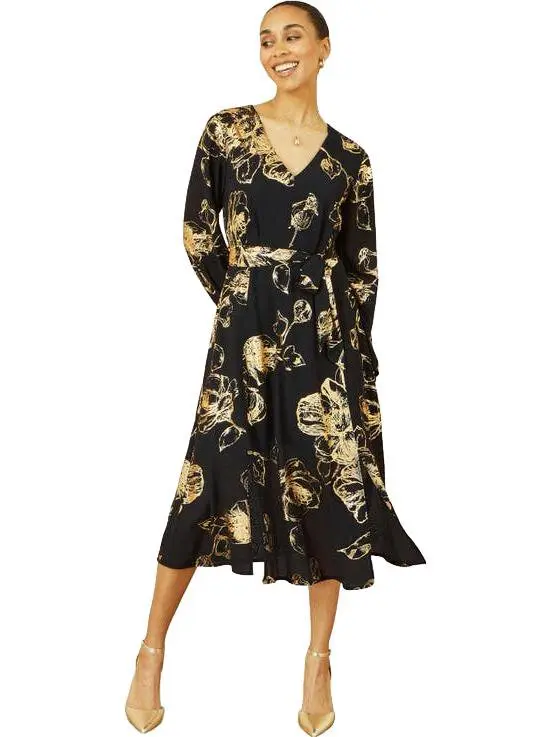 YUMI Foil Rose Print Midi Dress - Black