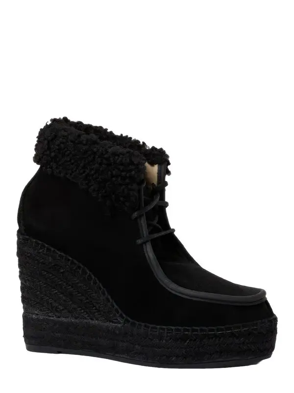 Andre Assous Genuine Shearling & Suede Wedge Bootie - Black Suede