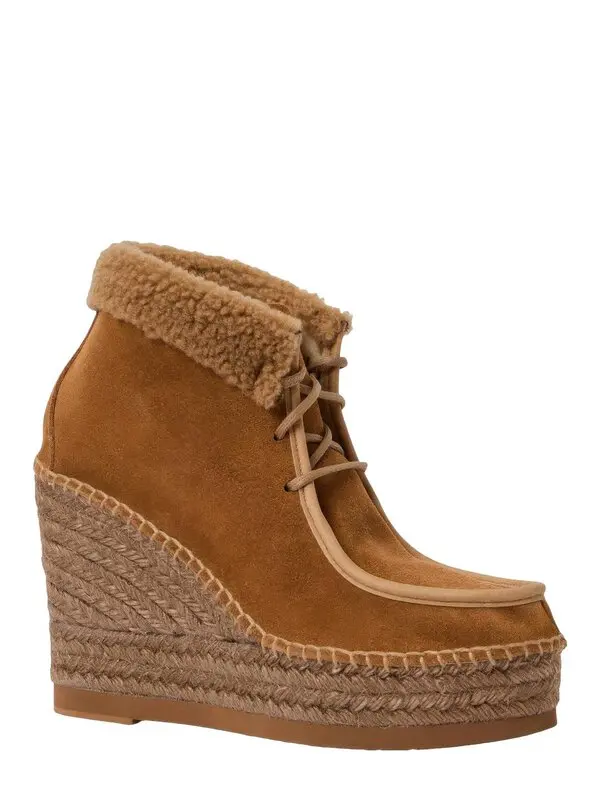 Andre Assous Genuine Shearling & Suede Wedge Bootie - Cognac Suede