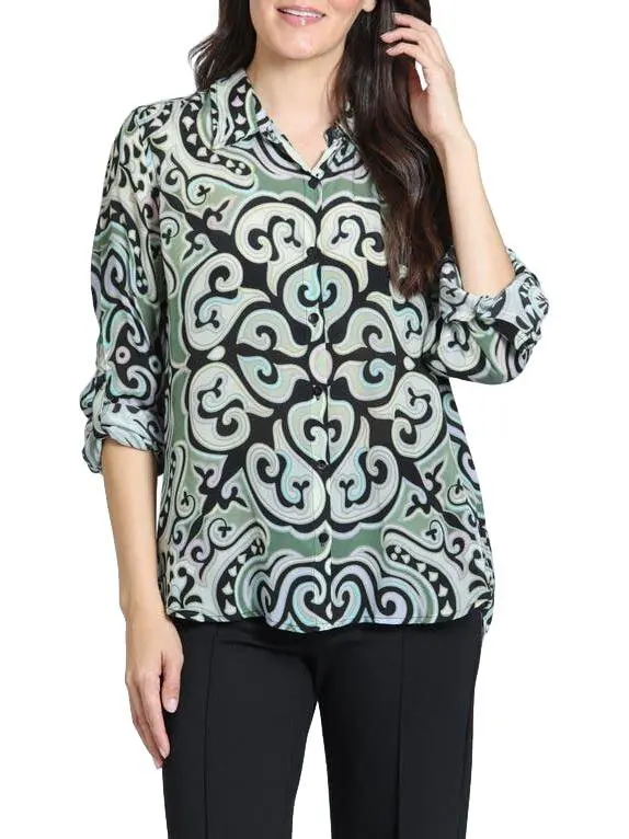 APNY Roll Tab Sleeve Button-up Shirt - Sage Multi