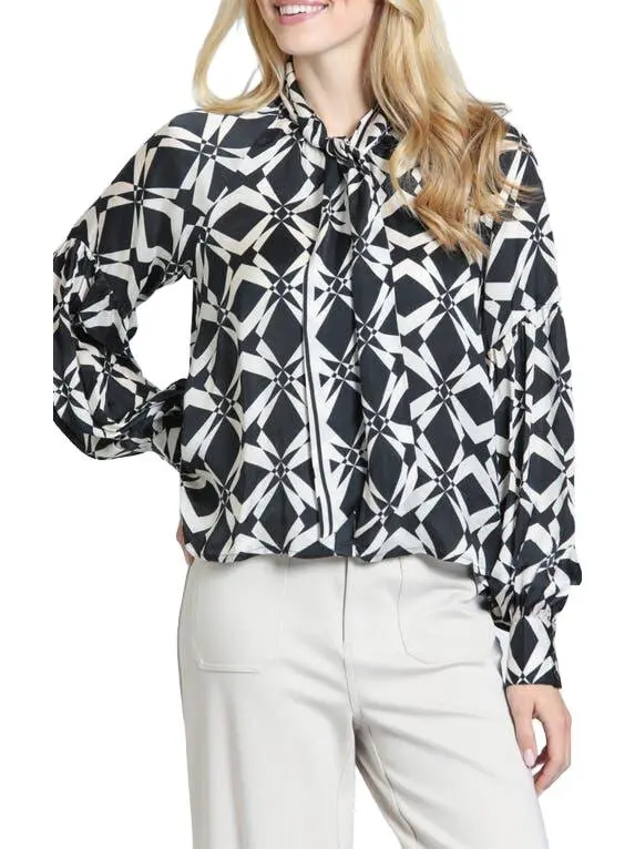 APNY Tie Neck Balloon Sleeve Top - Midnight/ivory