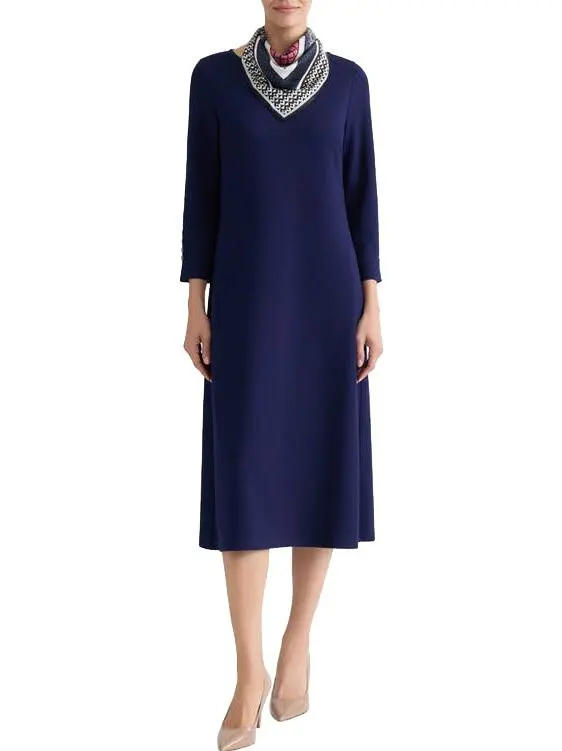 Jones New York Three-quarter Sleeve V-neck Shift Dress With Scarf - Pacific Navy Multi