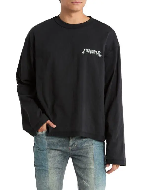 PURPLE BRAND Crop Wide Long Sleeve Graphic T-shirt - Black