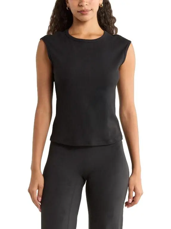 Zella Ribbed Crewneck Cap Sleeve Tank - Black