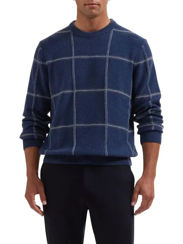 Bugatchi Grid Crewneck Wool & Cotton Sweater - Ink