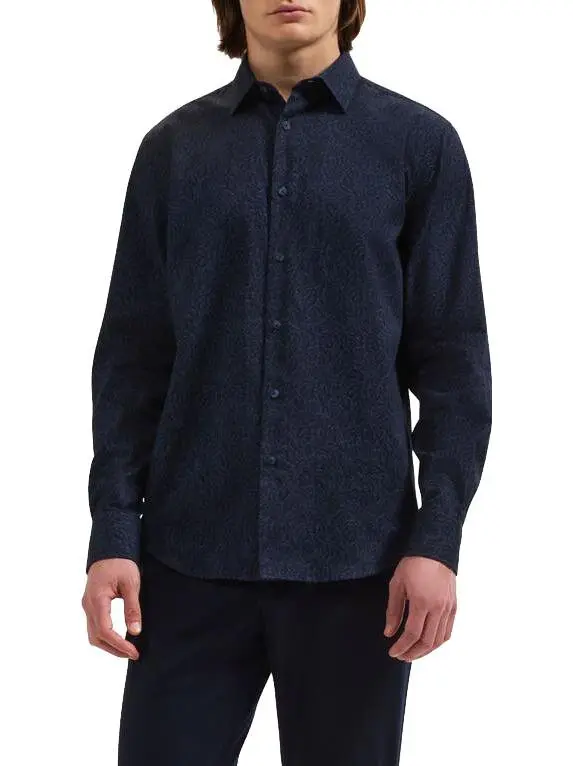 Bugatchi Julian Jacquard Long Sleeve Cotton Button-up Shirt - Navy
