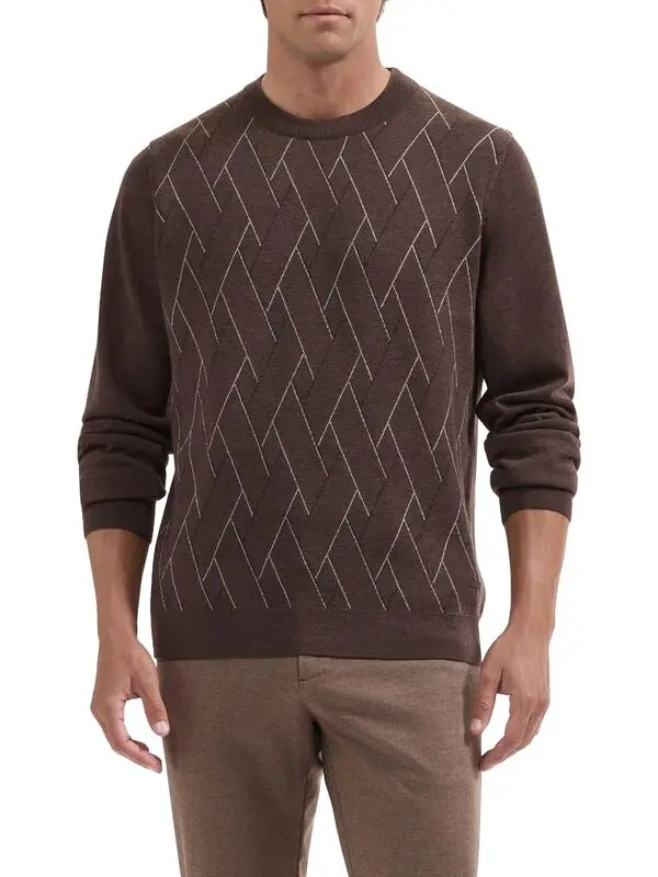 Bugatchi Geometric Extrafine Merino Wool Crewneck Sweater - Chocolate
