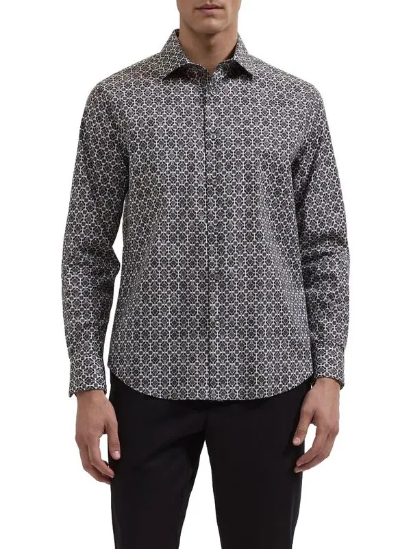 Bugatchi Axel Shaped Long Sleeve Patterned Shirt - Graphite