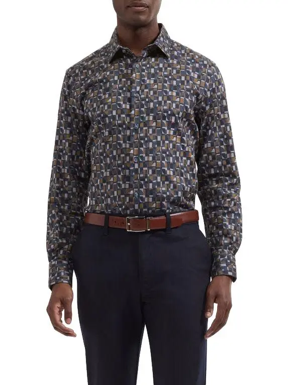 Bugatchi Julian Shaped Geometric Print Cotton Shirt - Ink