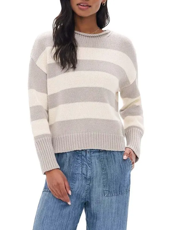 HATLEY Striped Cotton Rolled Collar Sweater - Beige