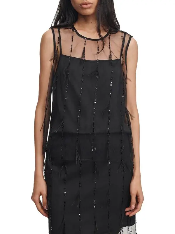 Rag & Bone Geena Sequin Ostrich Feather Tank - Black