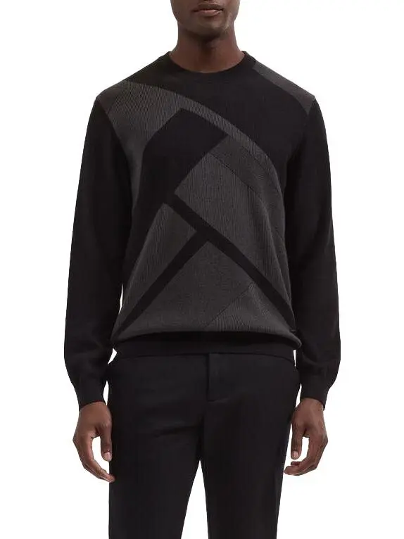 Bugatchi Cotton Geometric Knit Crewneck Sweater - Black
