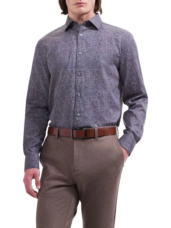 Bugatchi Alvin Shaped Fit Herringbone Cotton Shirt - Anthracite