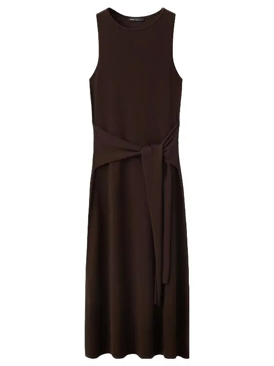 Mango Tie Detail Sleeveless Knit Dress - Brown