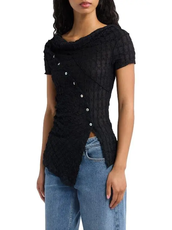 BDG URBAN OUTFITTERS Asymmetrical Button Textured Short Sleeve Top - Black