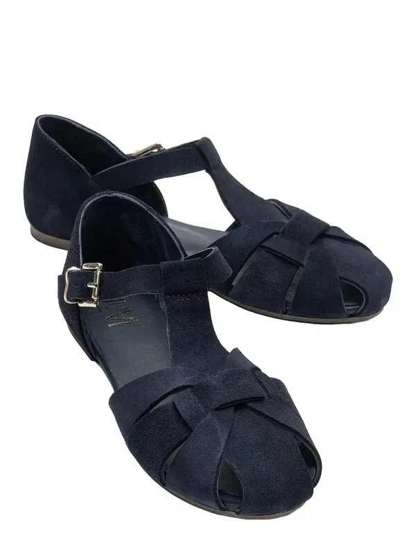 FOREVER & ALWAYS SHOES Falina Braided Leather Flat Sandals - Navy Suede