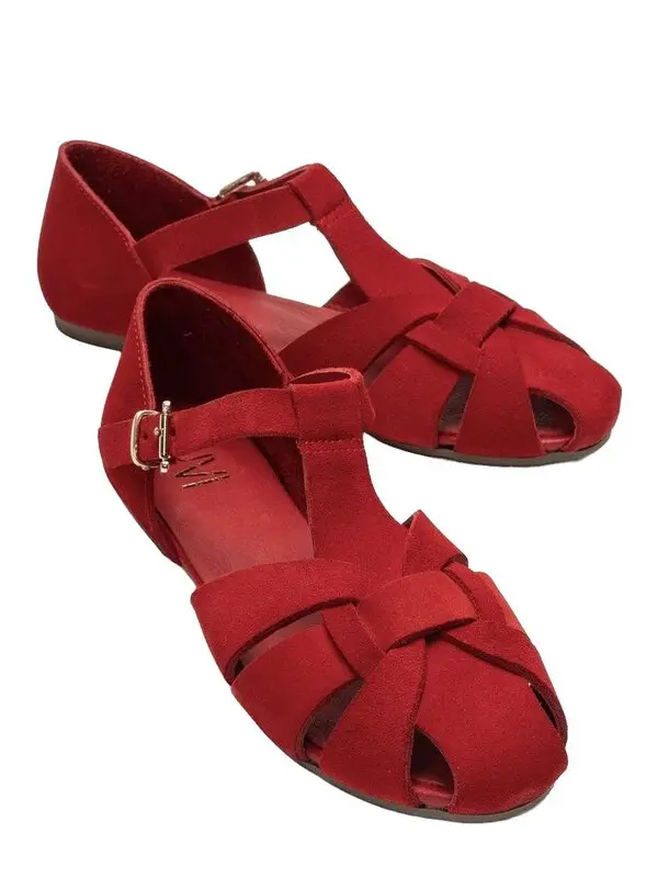 FOREVER & ALWAYS SHOES Falina Braided Leather Flat Sandals - Red Suede