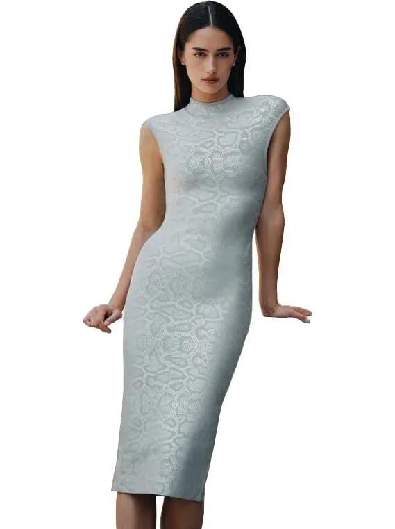 Herve Leger Metallic Snake Print Mock Neck Midi Dress - Silver Foil
