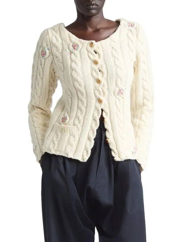 PILLINGS BY RYOTA MURAKAMI Blooming Floral Embroidered Cable Cardigan - White