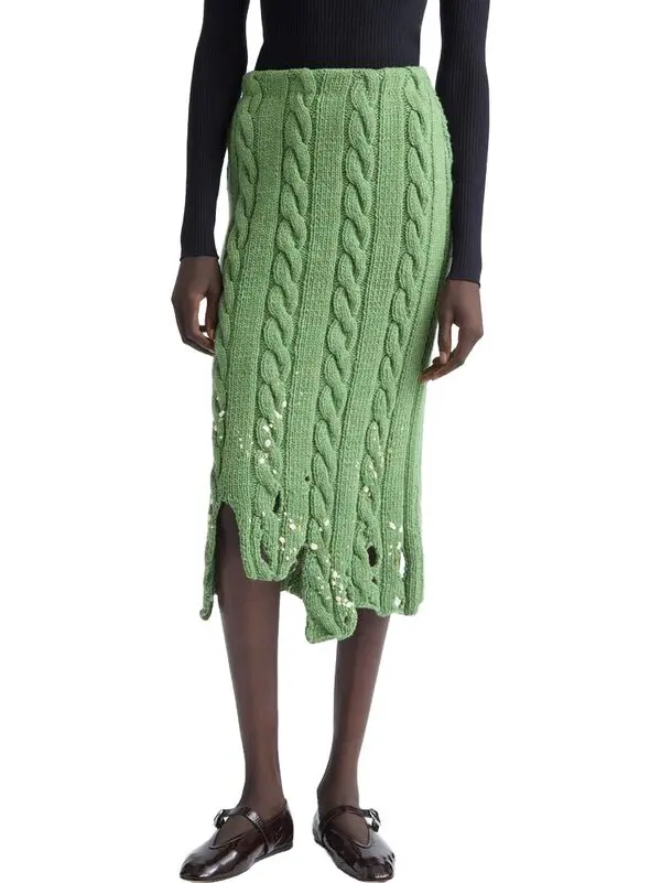 PILLINGS BY RYOTA MURAKAMI Distressed Wool Blend Cable Stitch Sweater Skirt - Light Green