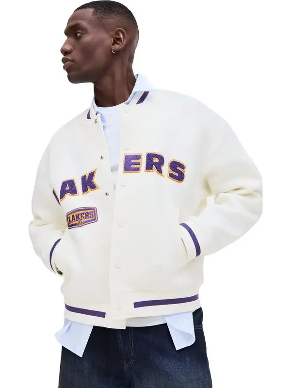 H&M Loose-fit Scuba Knit Baseball Jacket With Motif - White/nba
