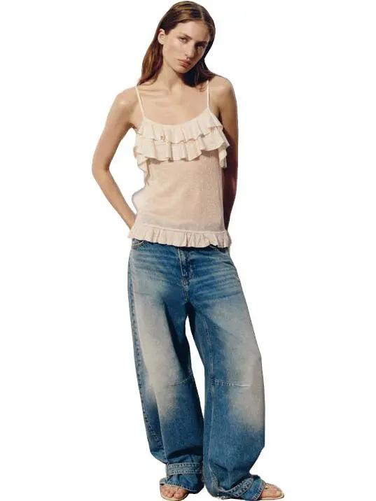 H&M Flounced Pointelle-knit Top - Light Beige