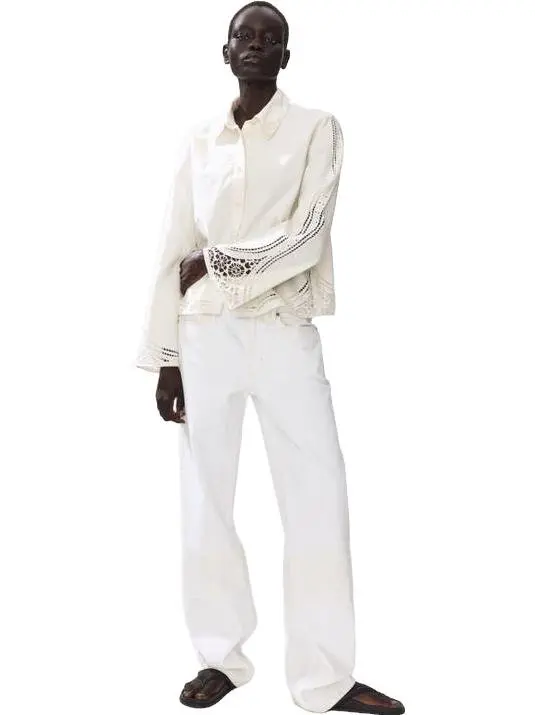 H&M Cotton Jacket With Eyelet Embroidery - Cream