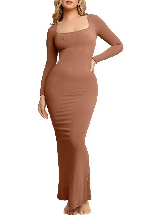 POPILUSH Shapewear Square Neck Long Sleeve Slimming Modal Maxi Dress - Chocolate