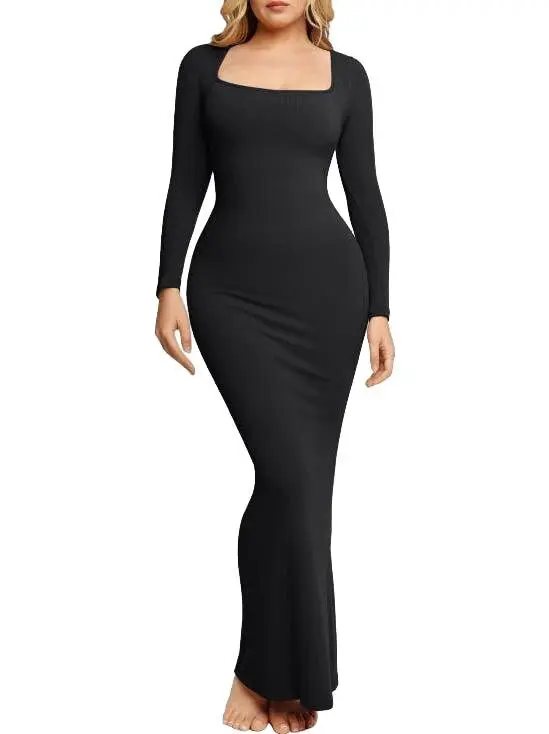 POPILUSH Shapewear Square Neck Long Sleeve Slimming Modal Maxi Dress - Jet