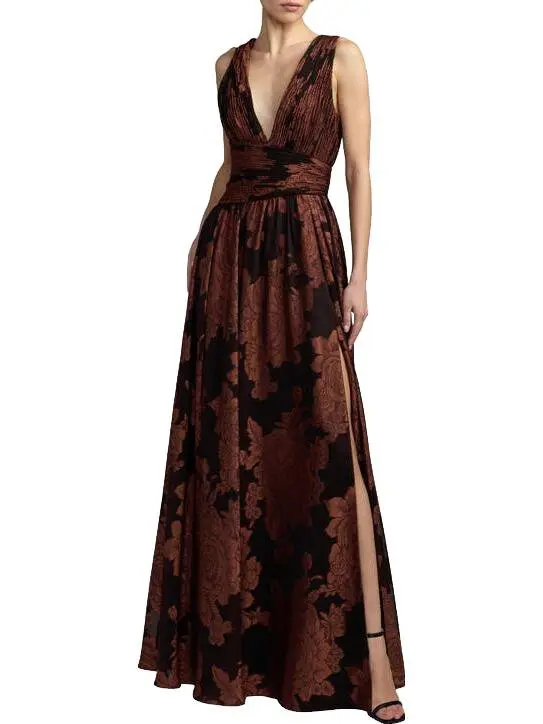 Mac Duggal Floral Burnout Chiffon Gown - Spice Multi