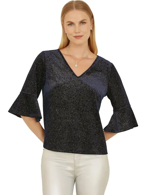 YUMI Fluted Sleeve Relaxed Fit Top - Navy