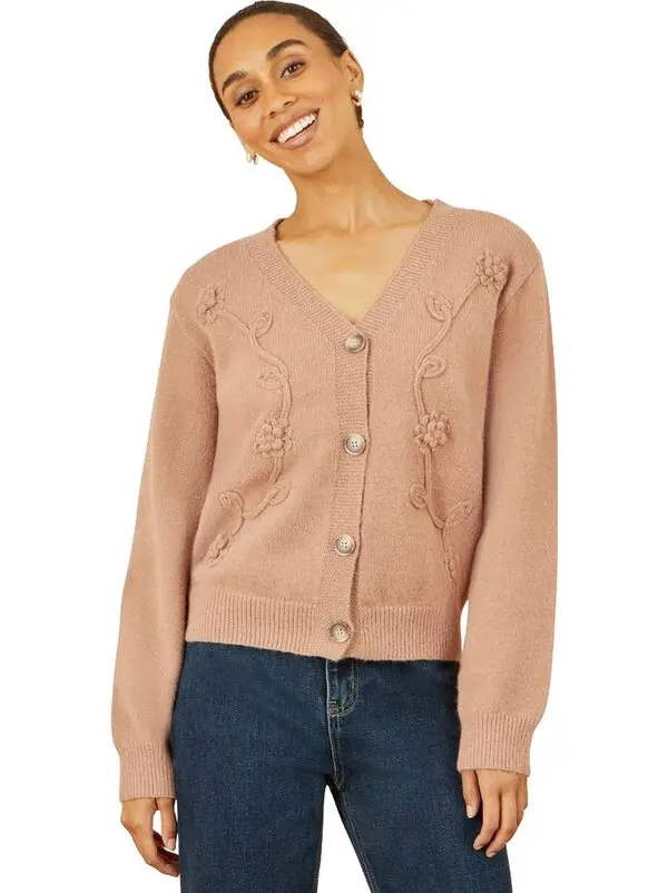YUMI Floral Embroidered Relaxed Fit Cardigan - Brown