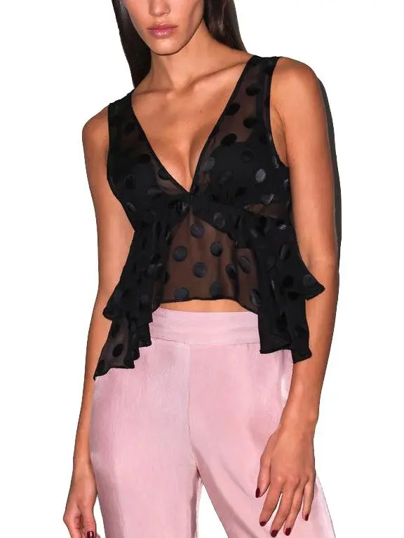 FLEUR DU MAL Polka Dot Ruffle Silk Blend Top - Black