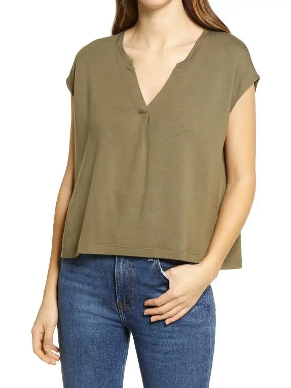 LOU & GREY Signaturesoft Split Neck Top - Saged Moss