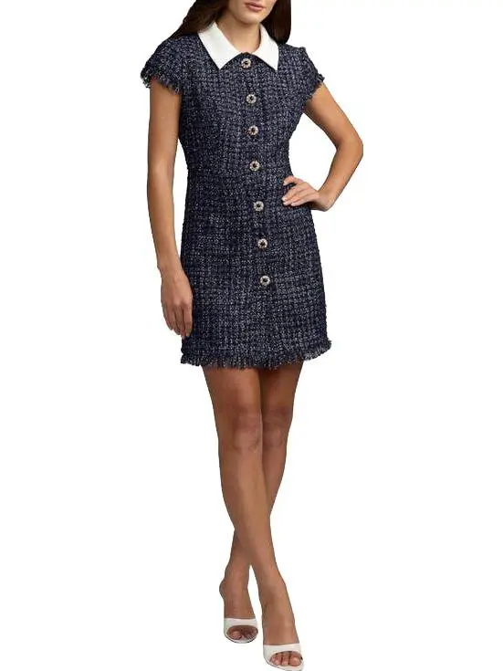 Mac Duggal Boucle Cap Sleeve Mini Dress With Flower Details - Navy